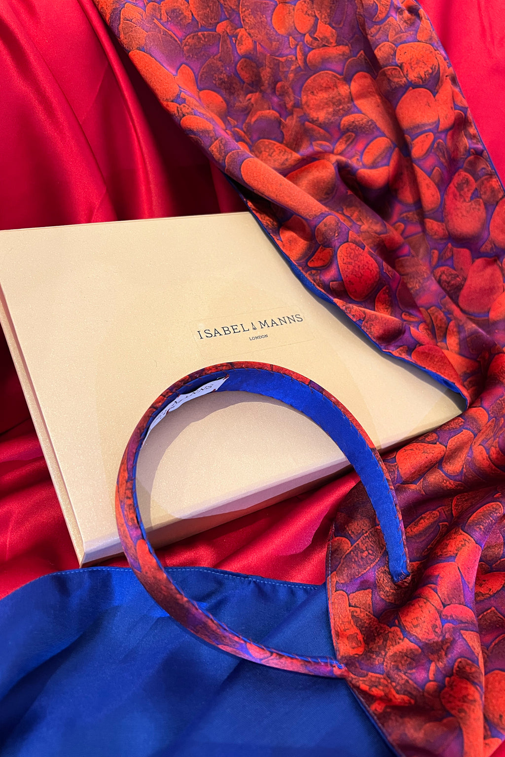 Reversible Scarlett Pebbles/Cobalt Silk Satin Scarf & Headband Small G ...